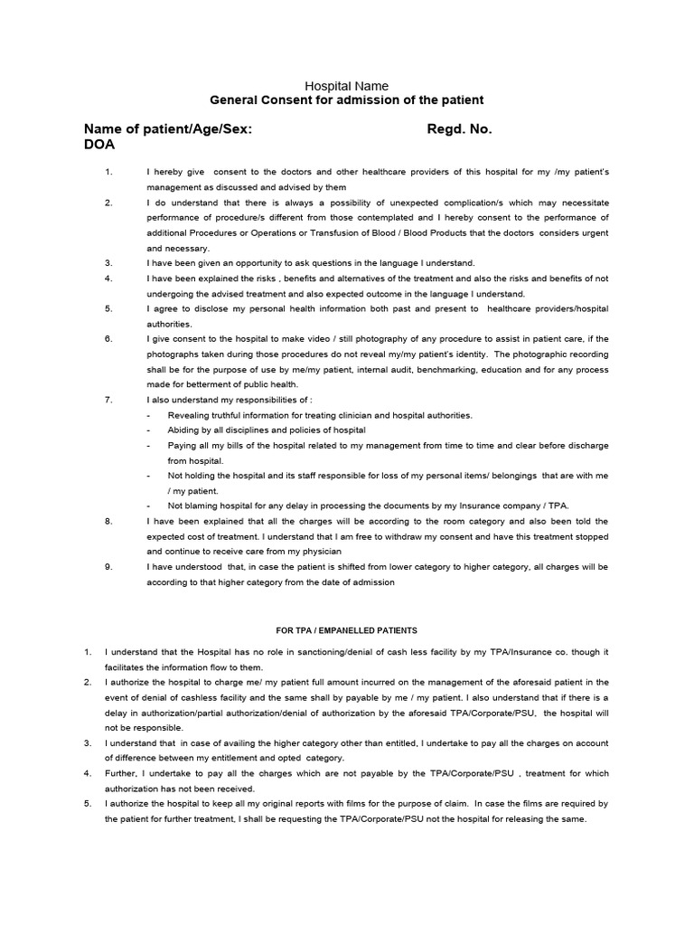 general admission consent | PDF | Patient | Hospital