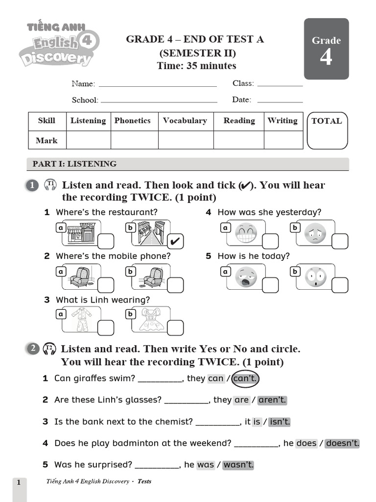 Grade 4 English Test: Listening, Phonetics, Vocabulary, Reading ...