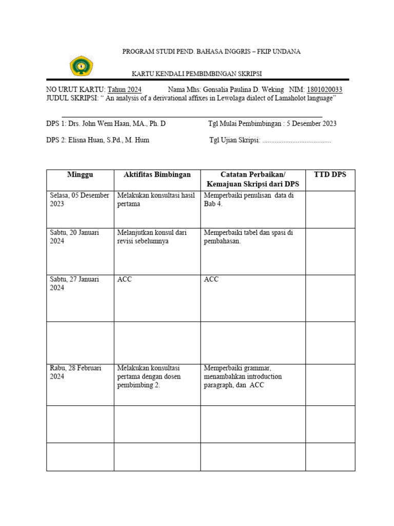 Kartu Kendali Bimbingan Hasil-Osa | PDF