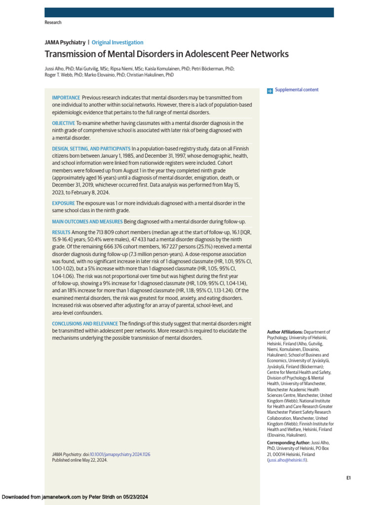 Transmission of Mental Disorders in Adolescent Peer Networks | PDF ...