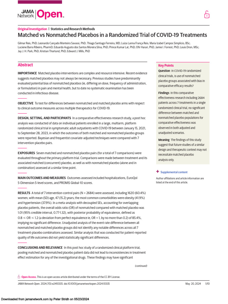 Matched Vs Nonmatched Placebos in A Randomized Trial of COVID-19 ...