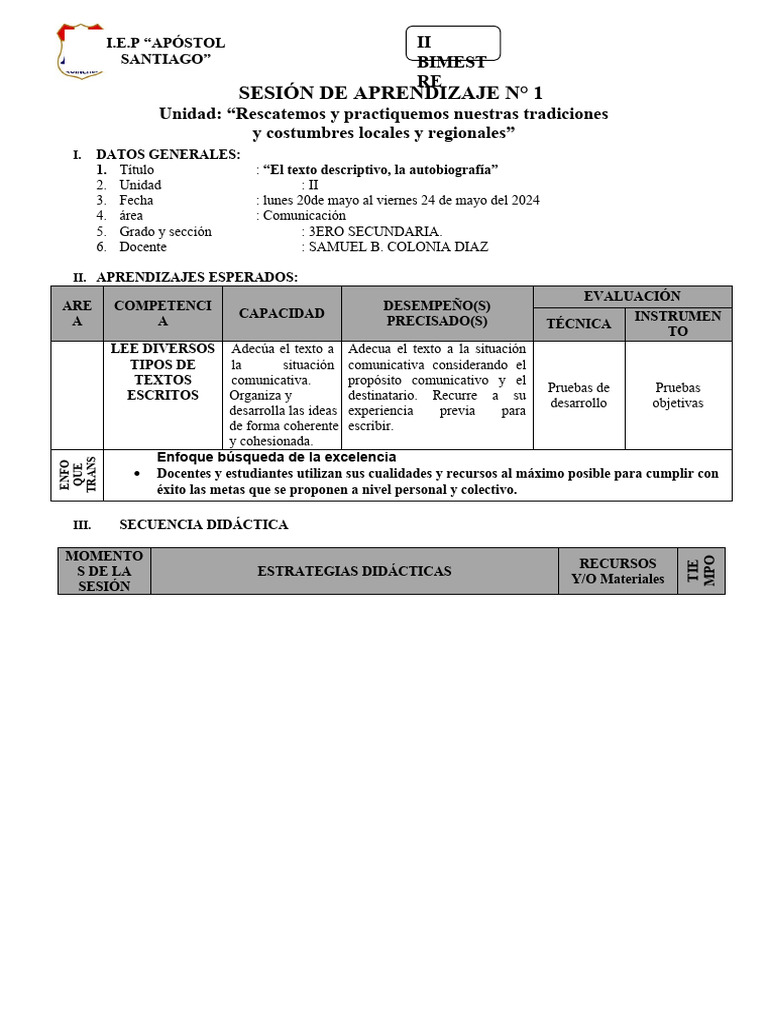 Sesion De Clase Texto Descriptivo Lunes Pdf