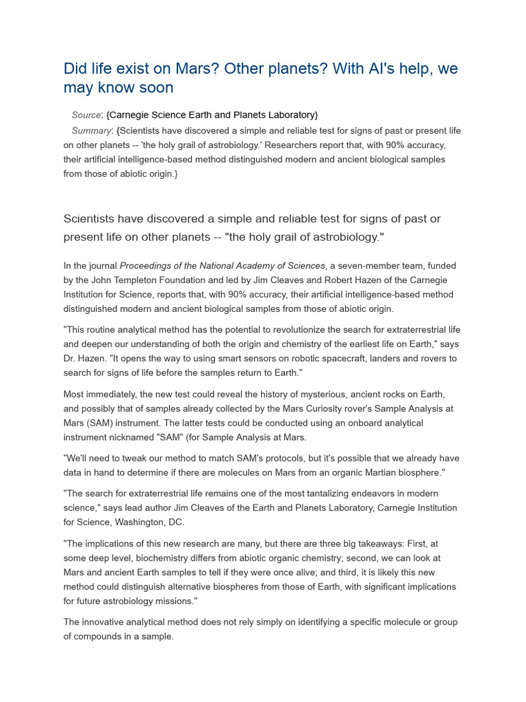 Did Life Exist On Mars Other Planets With AI's Help, We May Know Soon ...