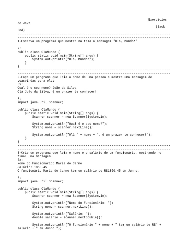 Exercicios de java | Download grátis PDF | Java (linguagem de ...