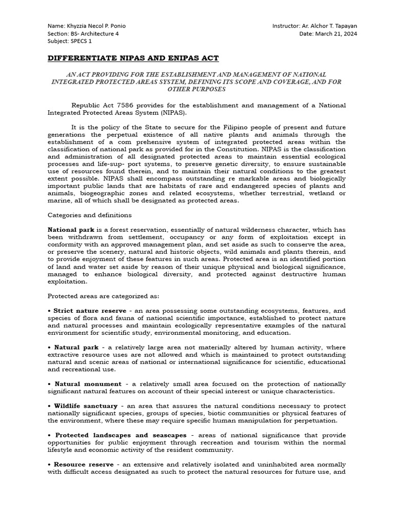 Differentiate Nipas and Enipas Act | PDF | Protected Area ...