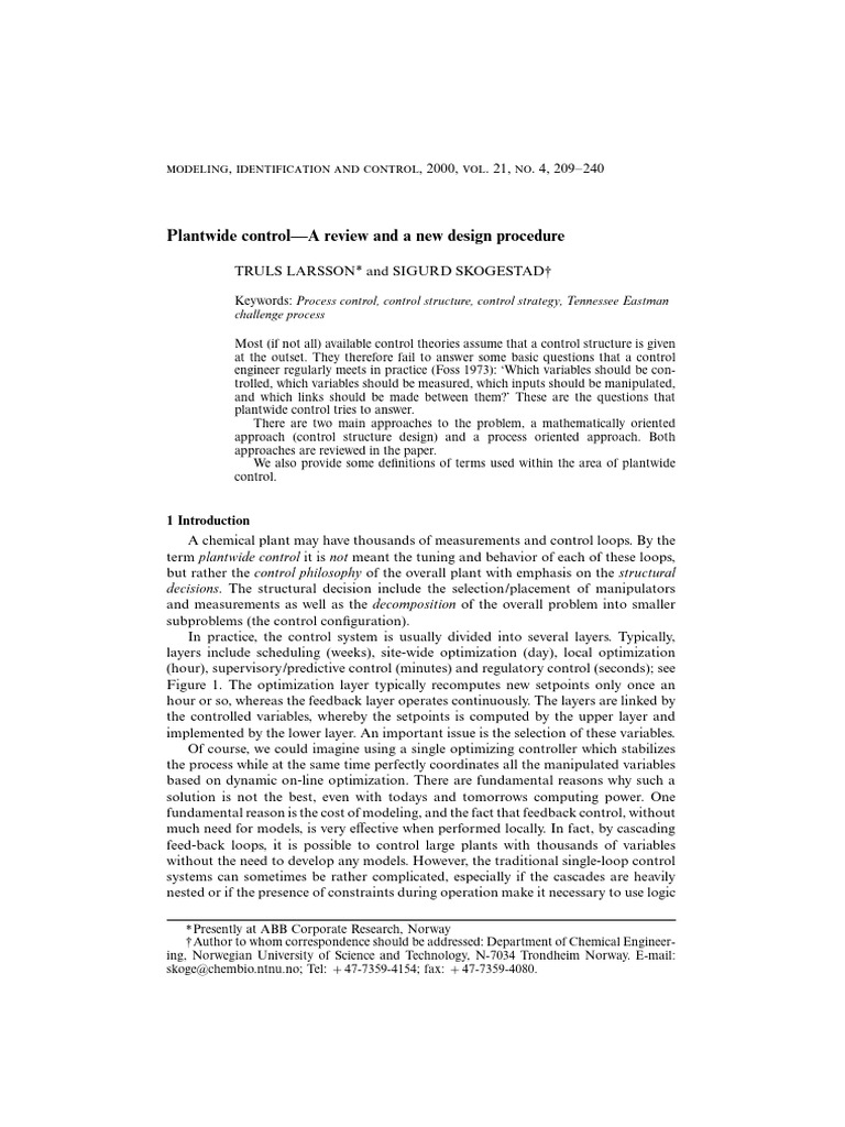 Larsson and Skogestad - Plantwide Control - A Review and A New Design ...