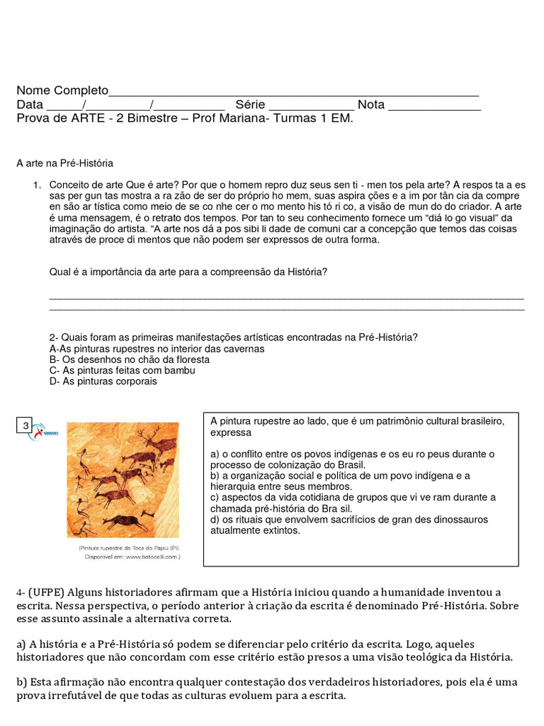 Prova de Arte 2 Bimestre - TURMAS 1 EM | PDF | Arte Rupestre | Escrita