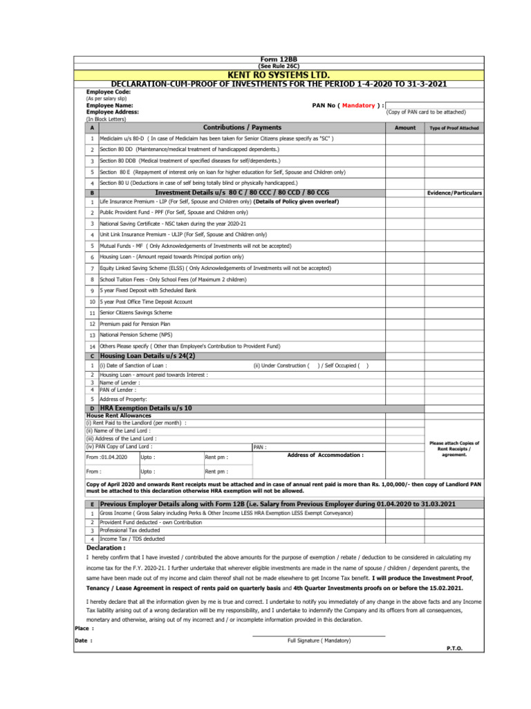 Employee Investment Declaration Form 2020-21 | PDF | Taxes | Personal ...