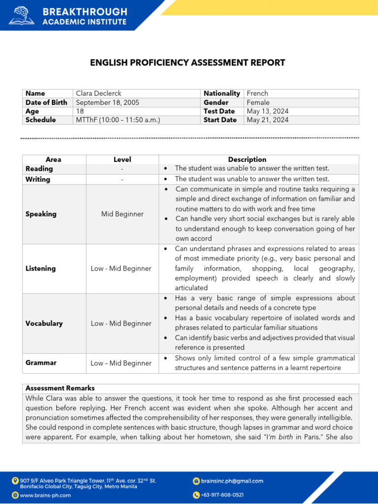 Program and Assessment Report For Ms. Clara Declerck | PDF | English ...