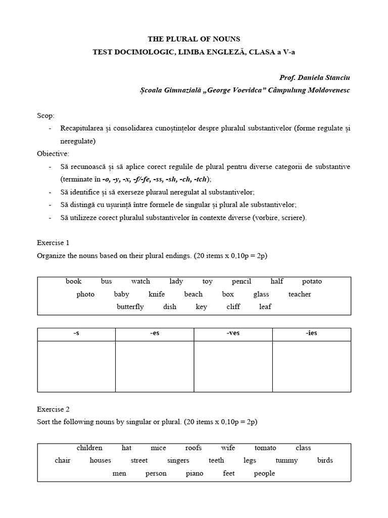 The Plural of Nouns - Test Docimologic | Download Free PDF | Plural | Noun