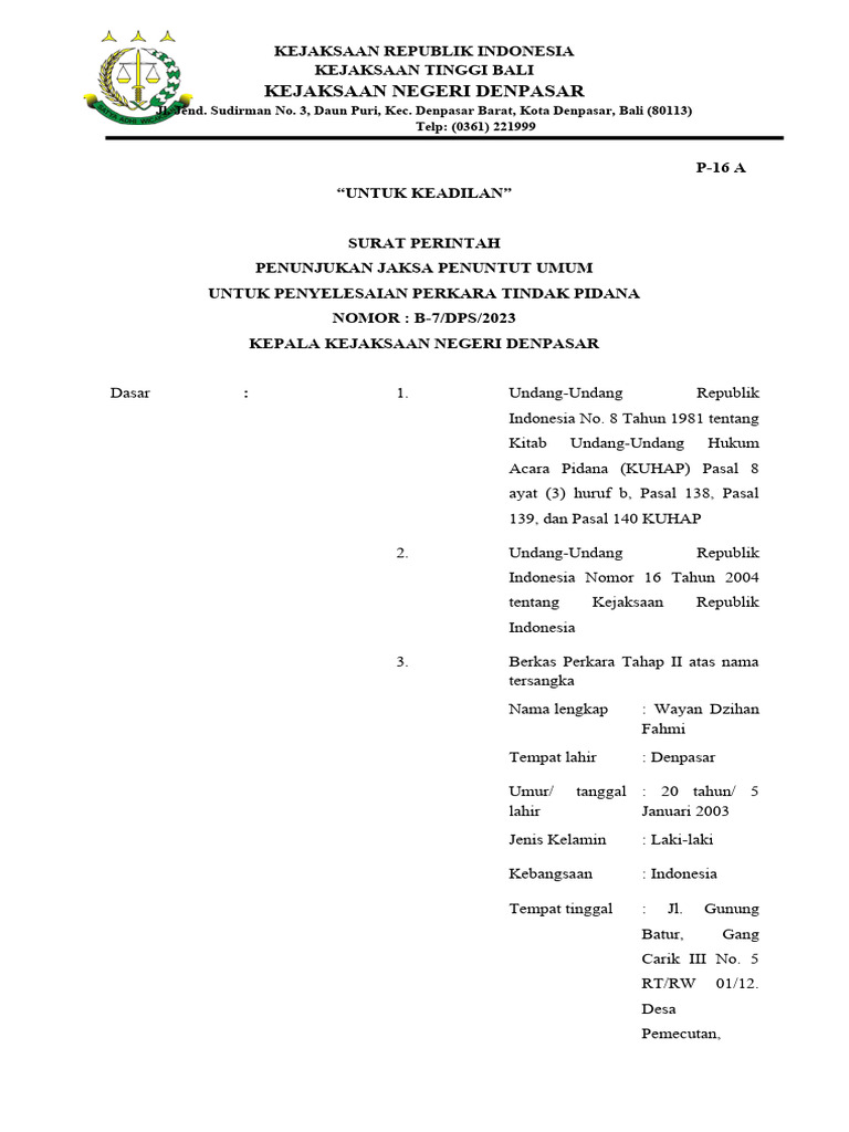 Surat Perintah Penunjukkan JPU Untuk Penyelesaian Perkara Tindak Pidana ...