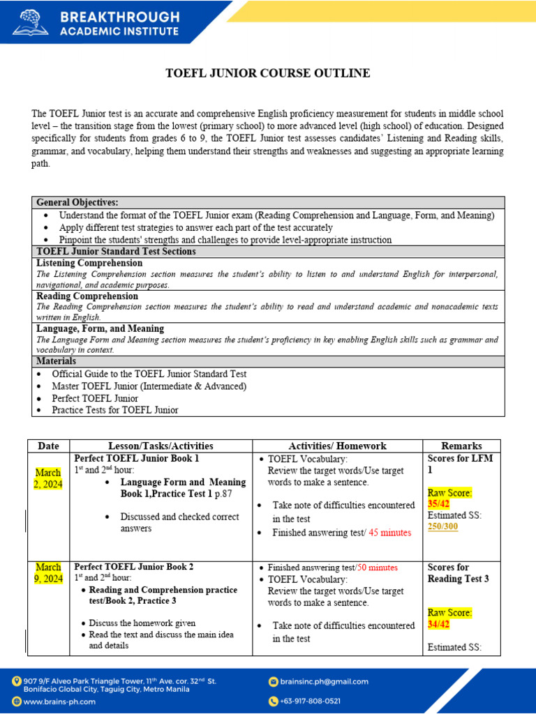 NEW TOEFL Junior Course Outline - Junseo Yang (Max) March To May | PDF ...