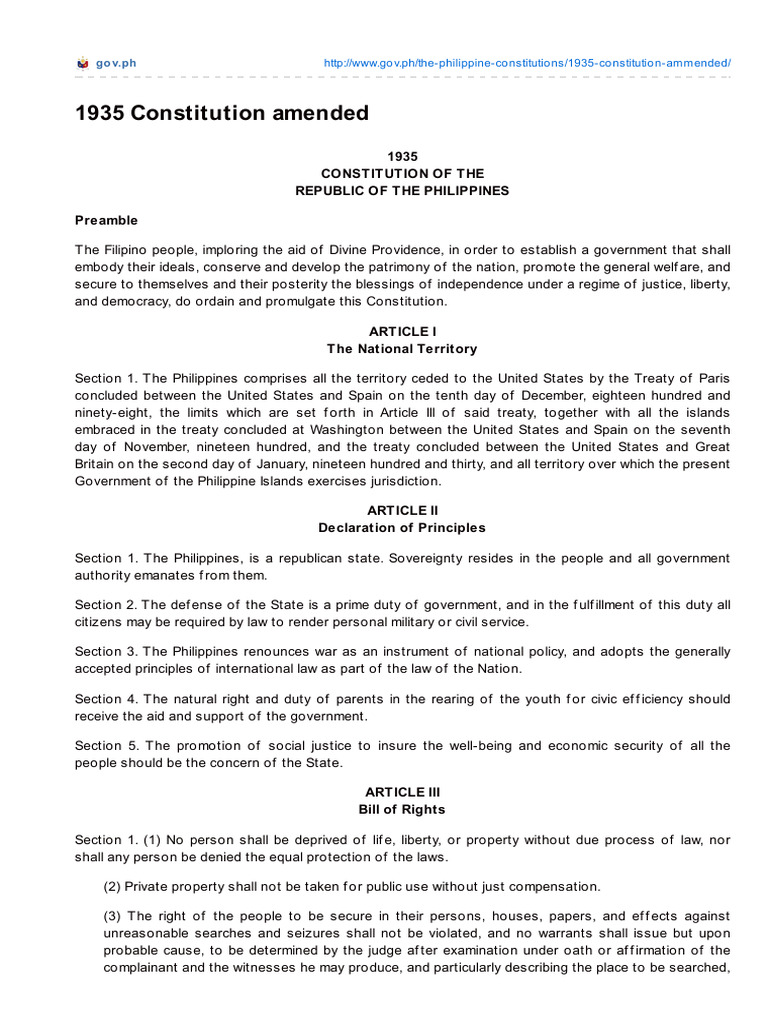 1935 Philippine Constitution Overview | PDF | United States House Of ...