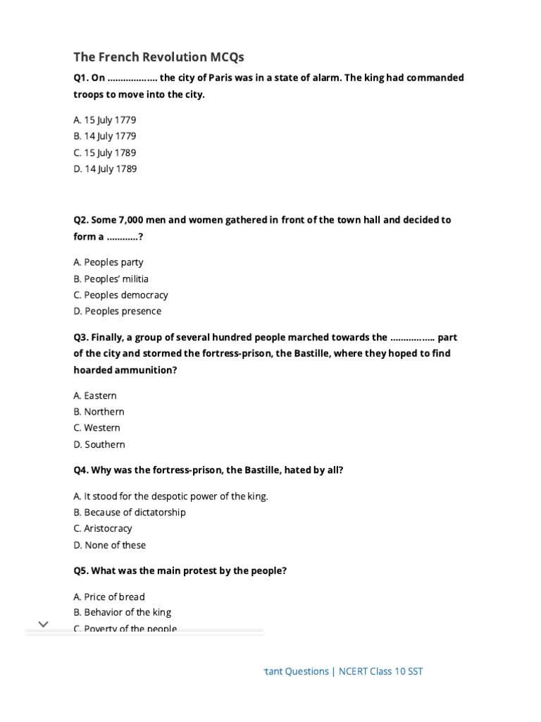 French Revolution MCQs for Class 9 | PDF | French Revolution | France