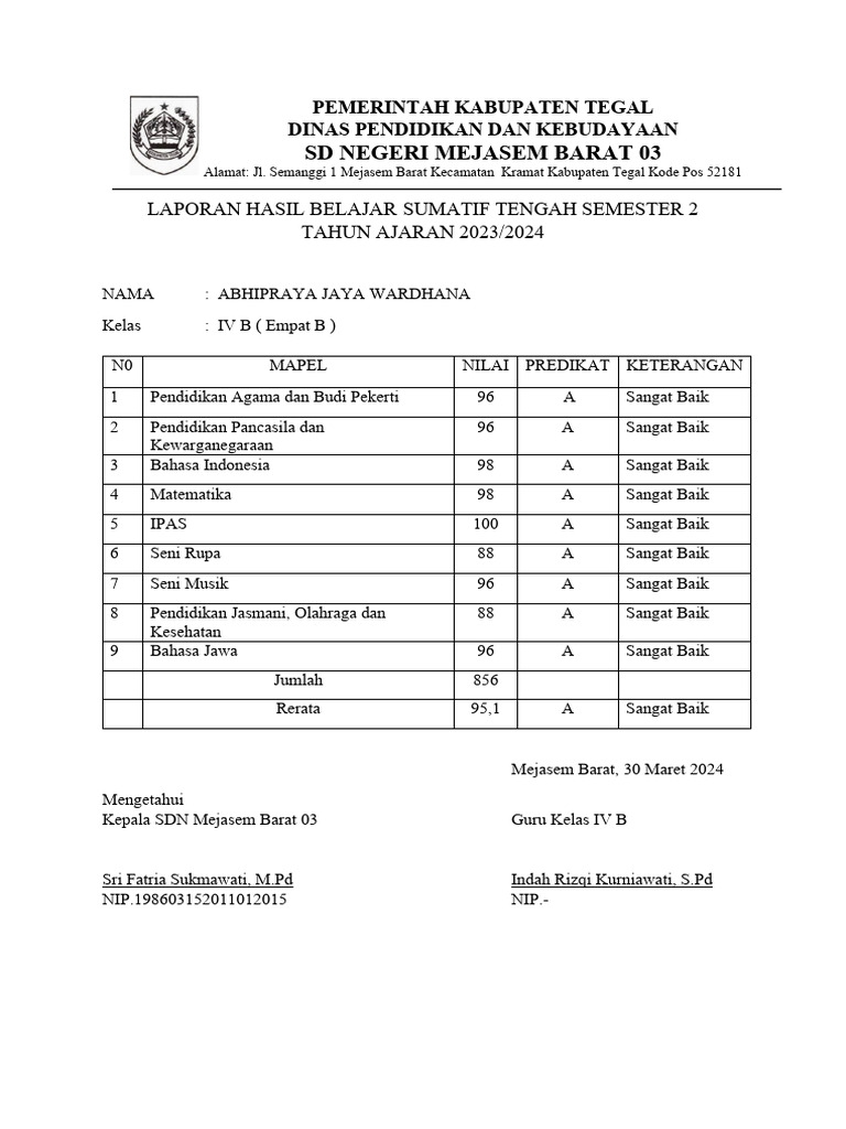 LAPORAN STS 2 KELAS 4b 2023-2024 | PDF