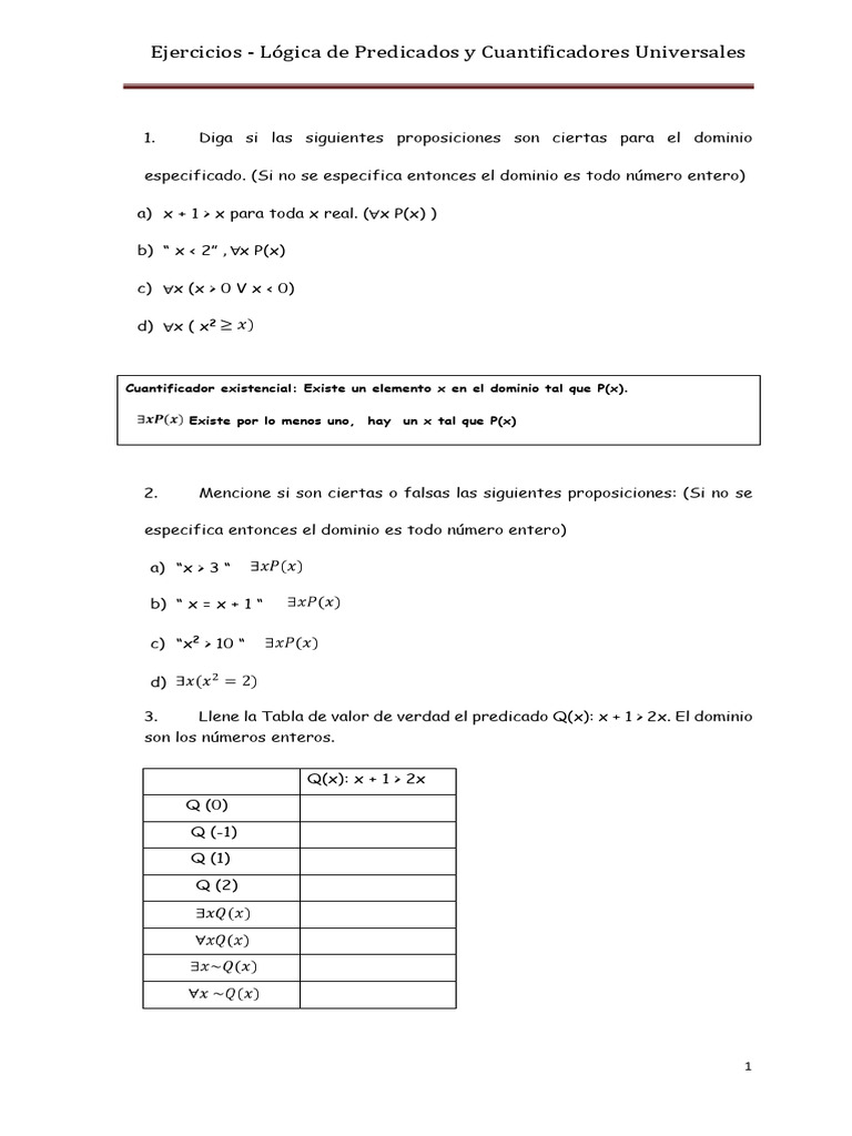 Ejercicios - Predicados y Cuantificadores Universales | PDF ...