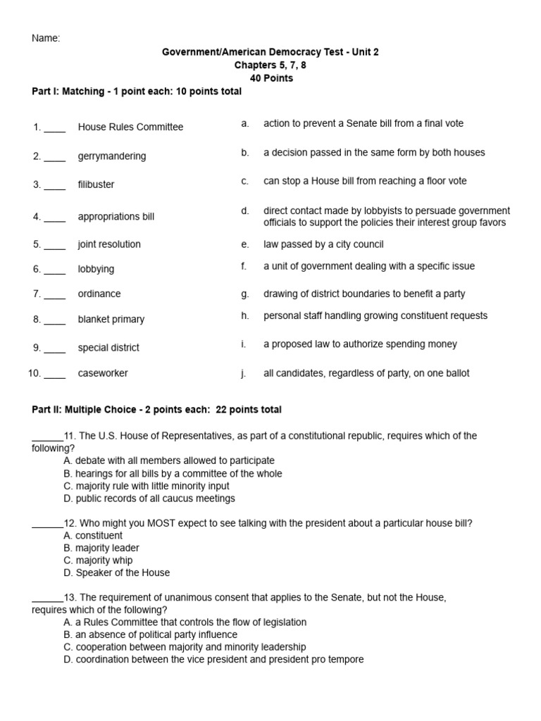Unit 2 Test - Government | PDF | United States Congress | American ...