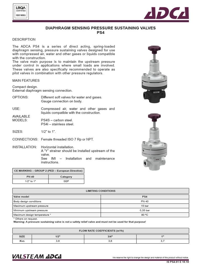 2 86 e ps4 Pressure Sustaining Valve dn15 25 | PDF | Valve | Gases
