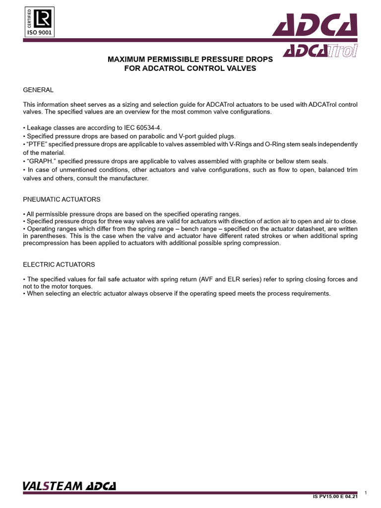 3 150 e Is pv15 00 Maximum Permissible Pressure Drops For Adcatrol ...
