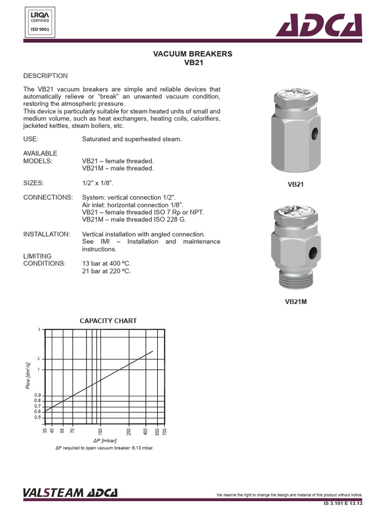 4 40 e vb21 vb21m Vacuum Breakers dn15 | PDF | Heat Exchanger | Steam
