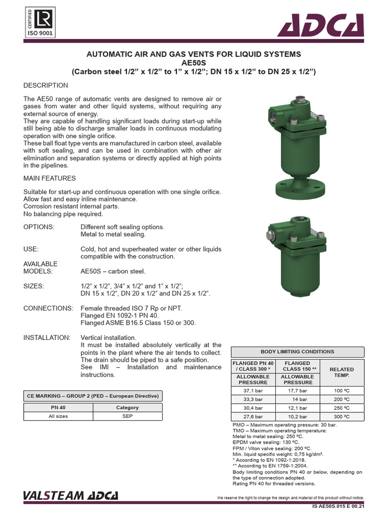 4 29a e Ae50s Automatic Air and Gas Vents for Liquids Dn 15 25 | PDF | Pipe (Fluid Conveyance ...