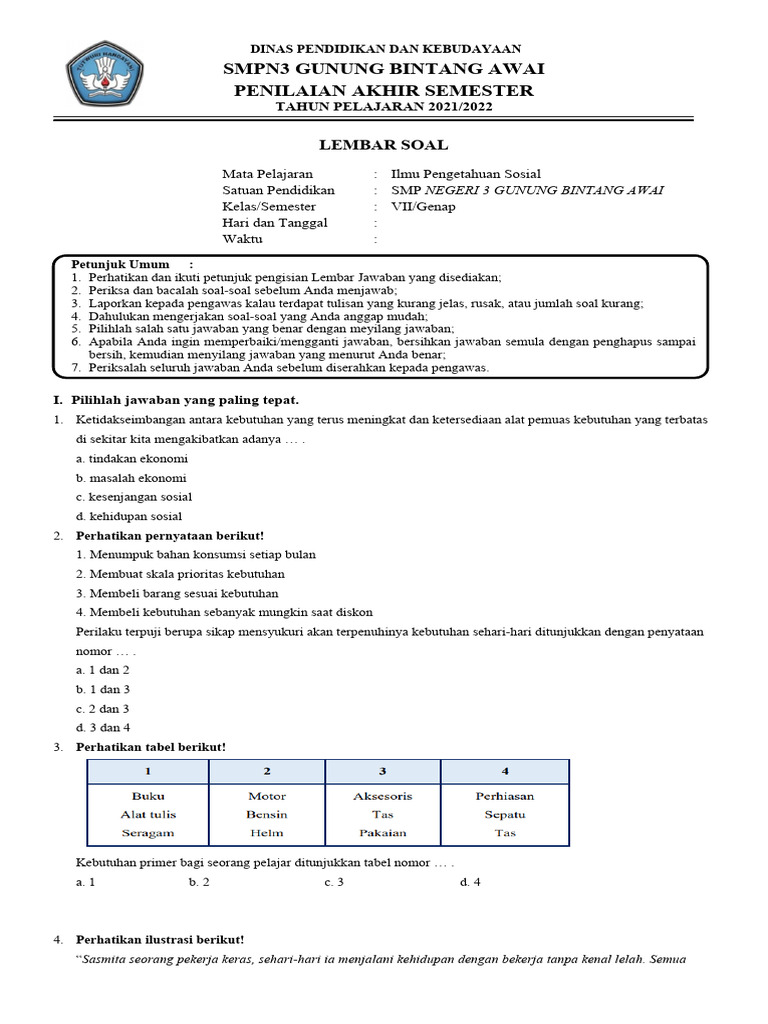 Soal PTS IPS Kelas VII K13 - PRINT ACC 2022 | PDF