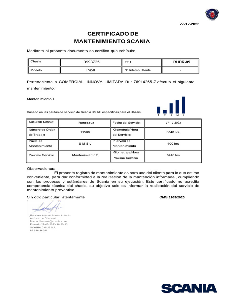 Certificado_Mantenimiento_Scania | PDF
