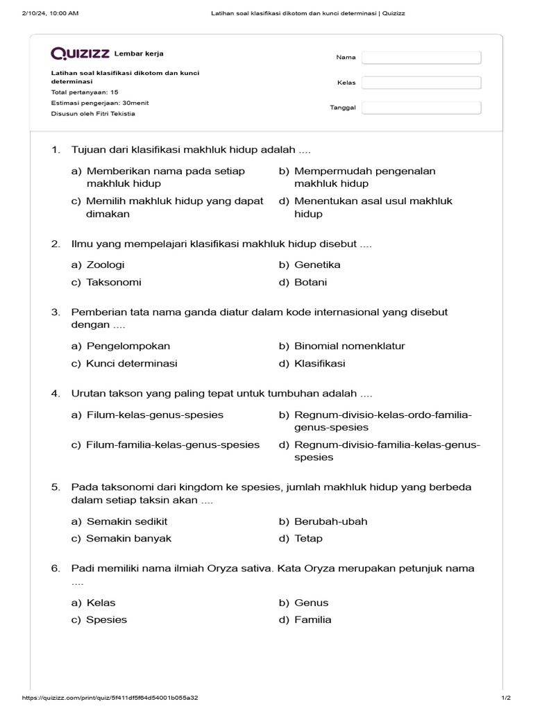 Latihan Soal Klasifikasi Dikotom Dan Kunci Determinasi - 7 - 2 | PDF | Sains & Matematika