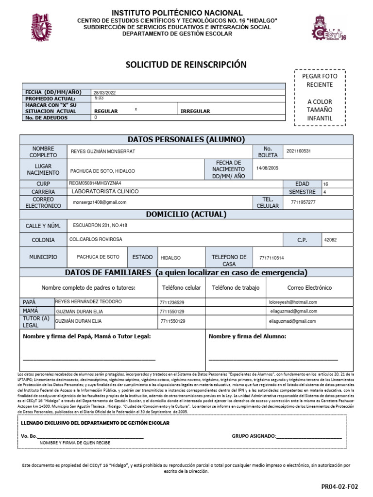03 Formato de Solicitud de Reinscripción 22 2 | PDF | Gobierno
