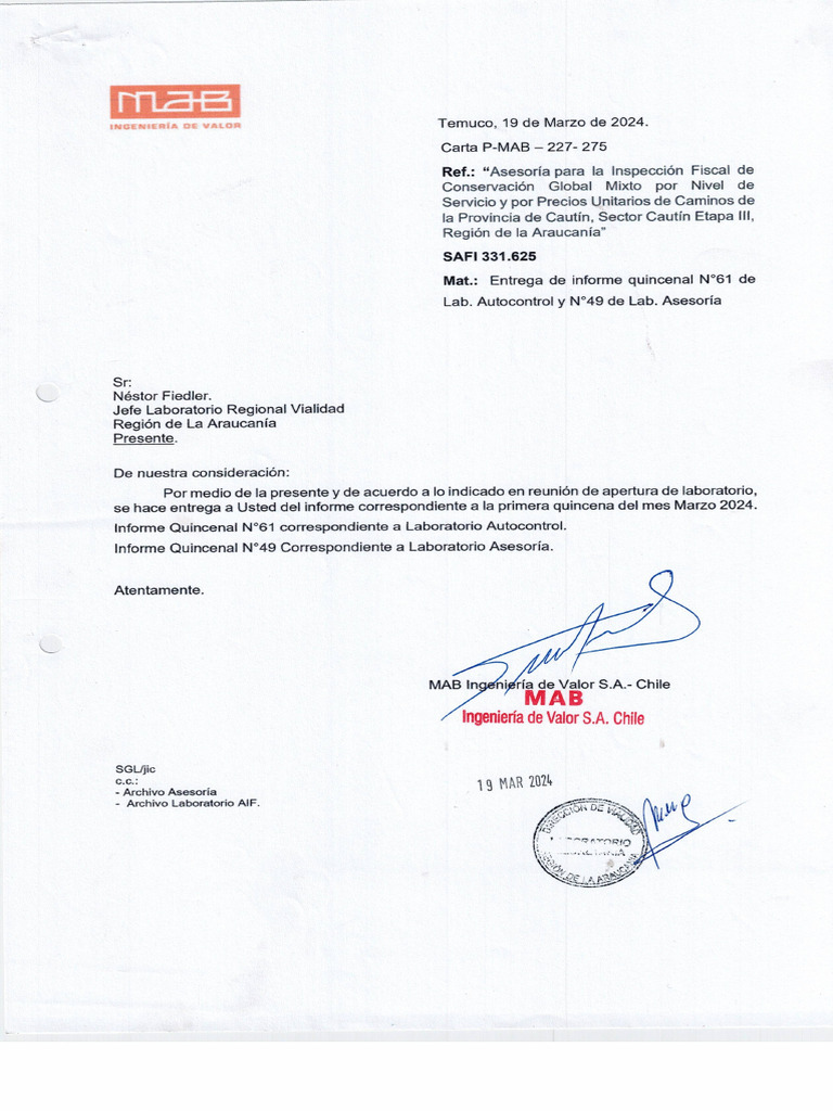 Carta P-Mab-227-275 Entrega Inf. Quinc. 61 Autocontrol y 49 Asesoria | PDF