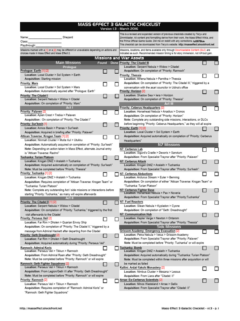 ME3 Checklist | PDF | Space Opera Games