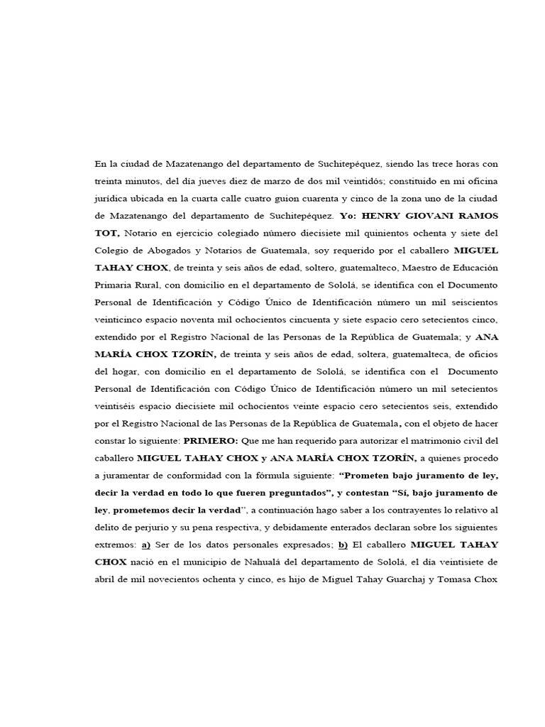 Acta de Matrimonio Profe Miguel Tahay Chox y Ana Maria Chox Tzorin 2022 ...