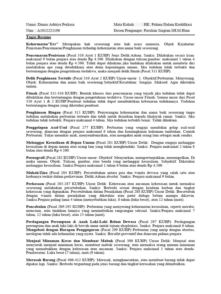 Dimas Aditiya Perkasa - Tugas Resume 2 - PidanaDalamKodifikasi | PDF