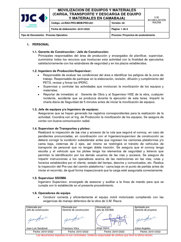 01. JJ RAU PRO MEM PRO 001_Movilización de Equipos y Materiales | PDF