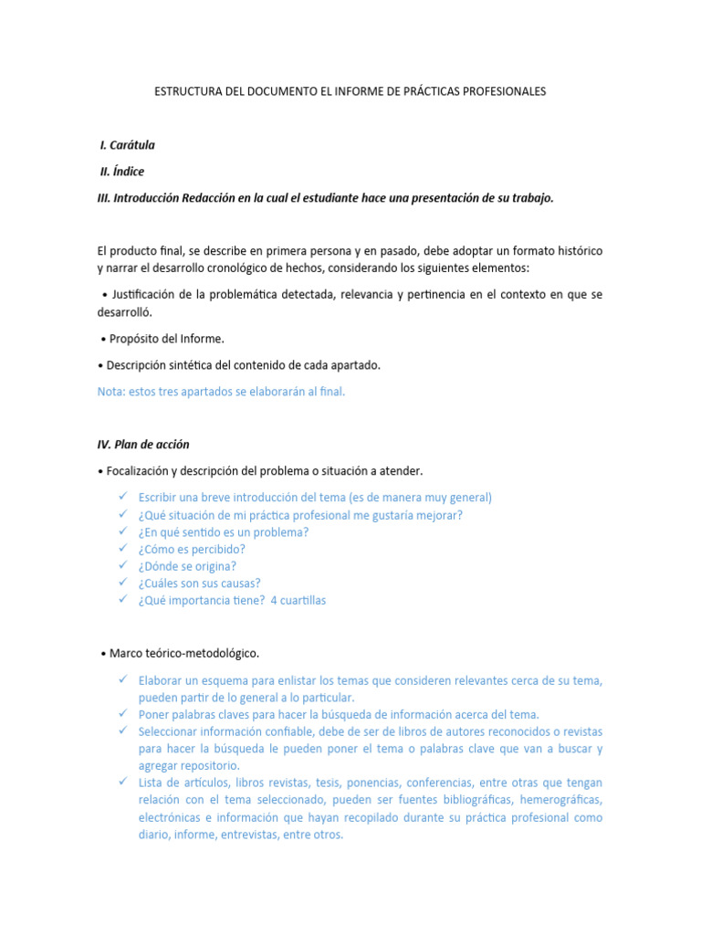 ESTRUCTURA DEL DOCUMENTO El Informe de Prácticas Profesionales. | PDF | Evaluación | Plan de ...
