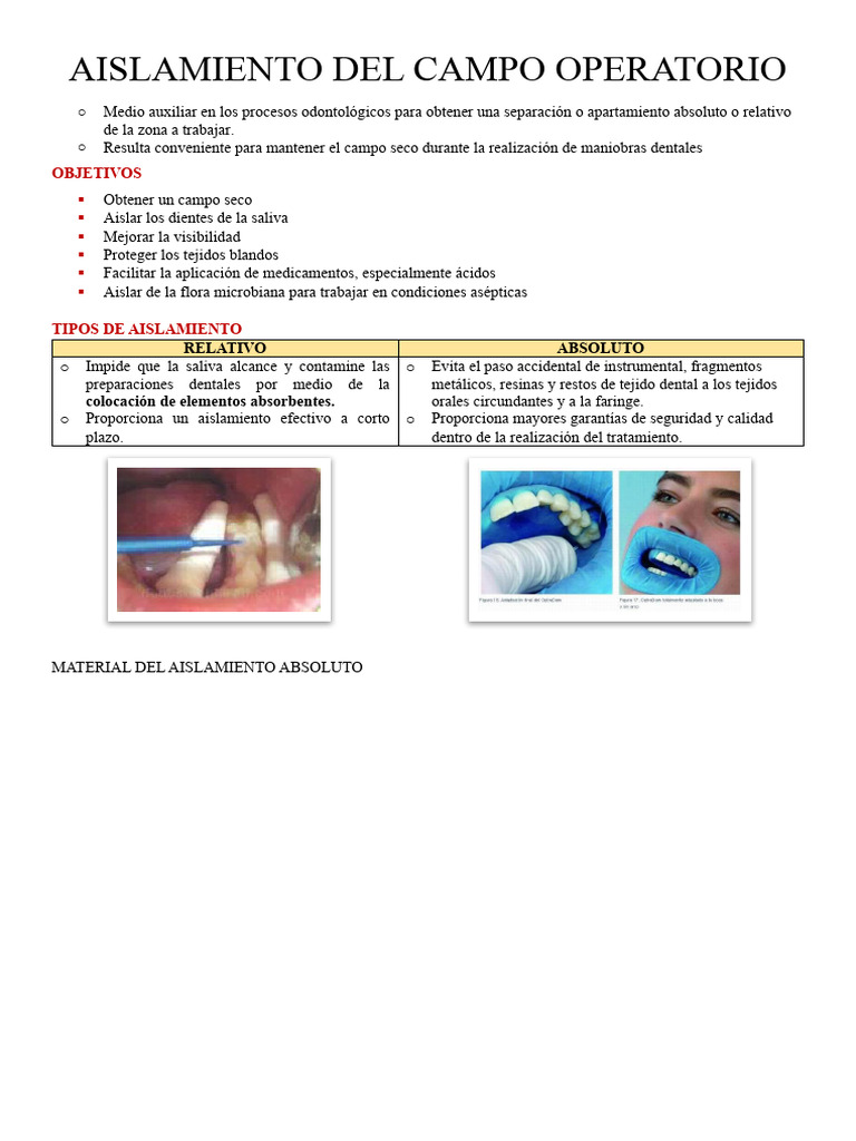 Aislamiento del Campo Operatorio en Odontología | PDF