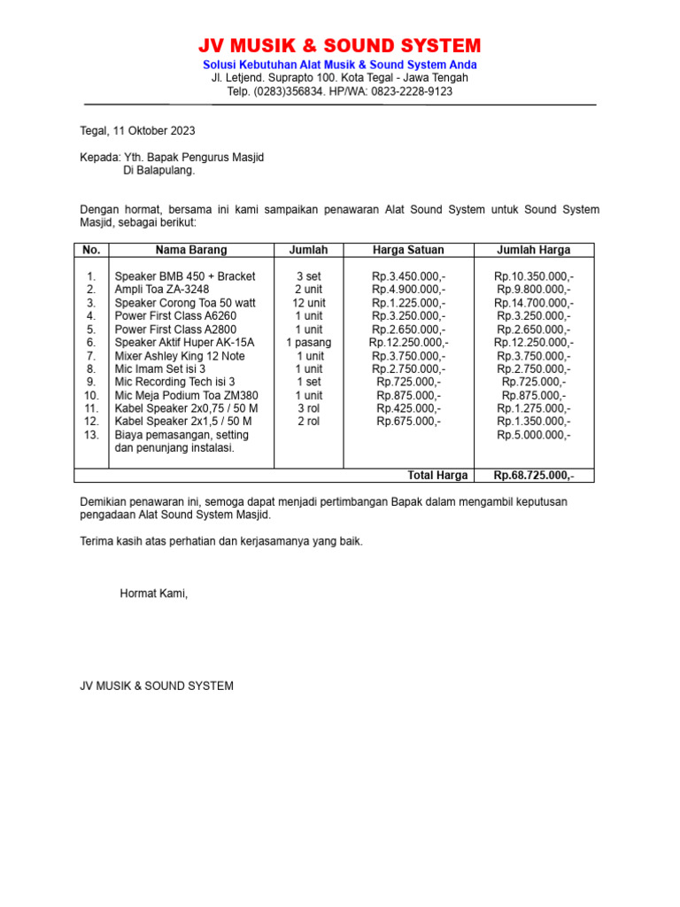 Penawaran Sound System Masjid Balapulang Okt 2023 | PDF | Griya & Taman