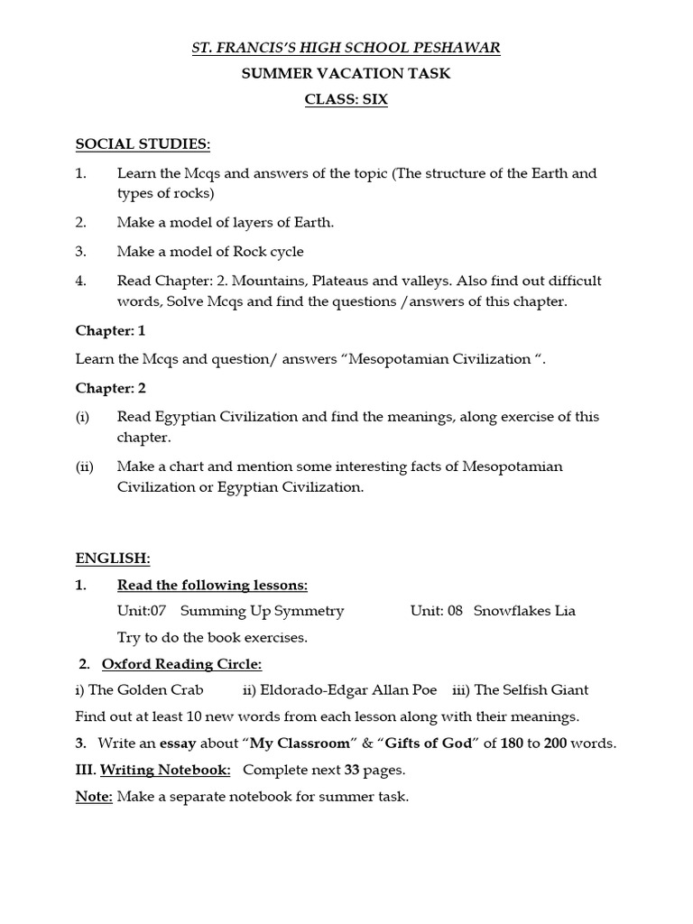 Summer Vacation Task For Class 6 | PDF