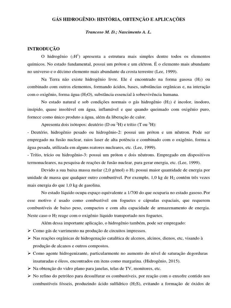 História e Aplicações do Gás Hidrogênio | PDF | Dirigível | Hidrogênio