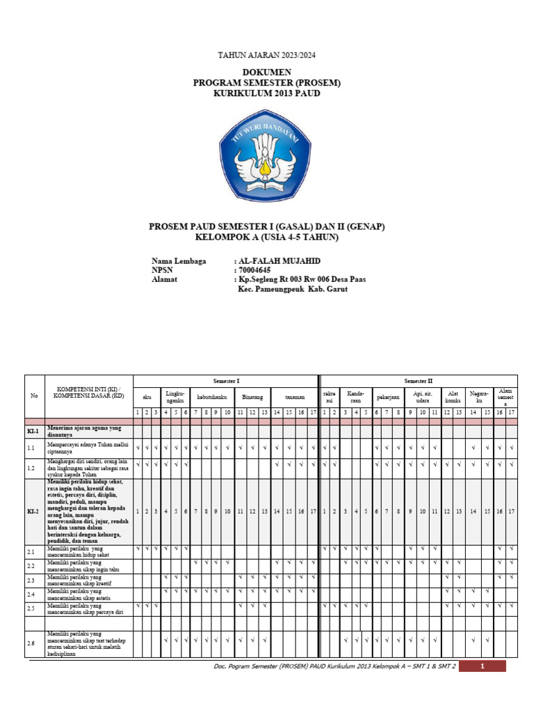 Prosem Paud Kurikulum 2013 KLP A - SMT 1,2 | PDF