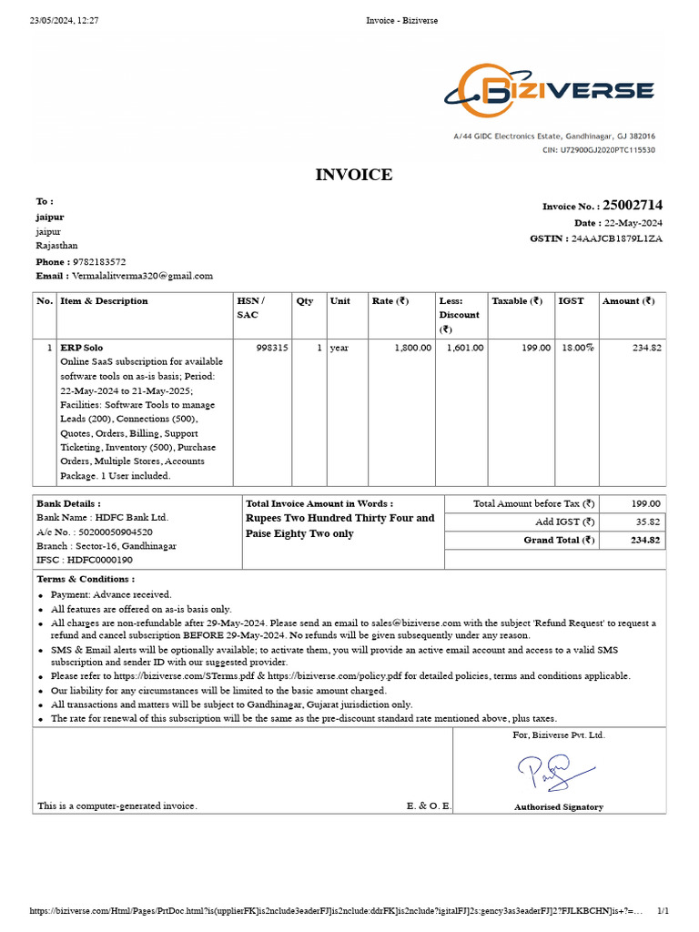 Invoice - Biziverse | PDF | Invoice | Subscription Business Model