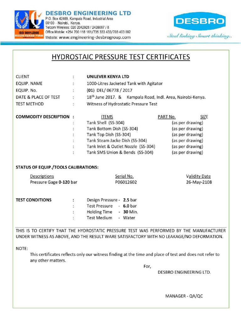 Pressure Test Certificate | PDF