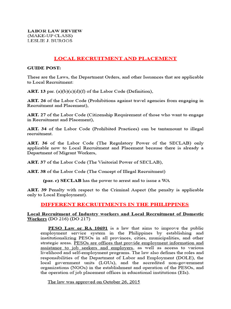 Local Recruitment and Placement Lecture | PDF | Recruitment | Employment