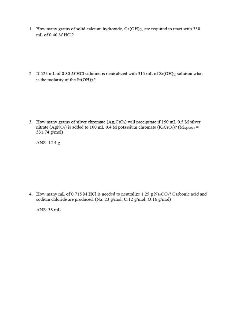 Worksheet Concentration, Acid-Base | PDF | Science & Mathematics