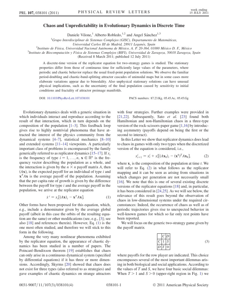 Chaos and Unpredictability in Evolutionary Dynamics in Discrete Time ... Chaos and Unpredictability in Evolutionary Dynamics in Discrete Time ...