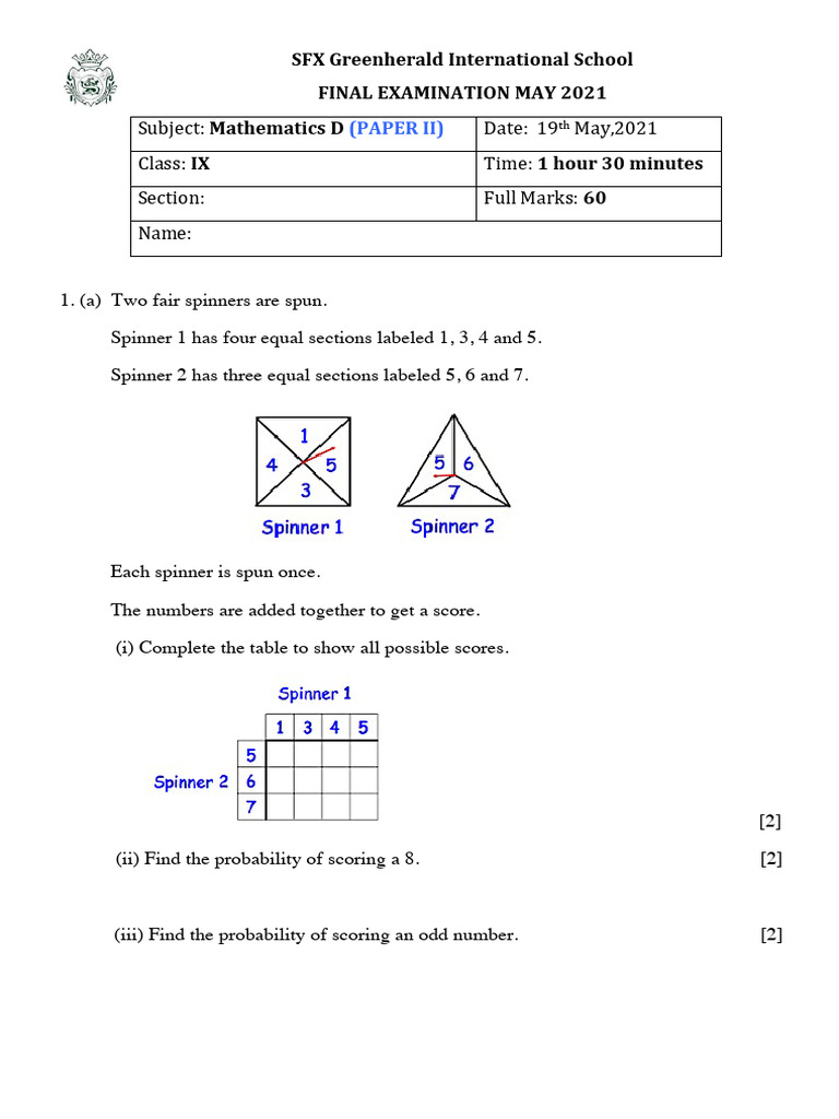 IX Math D Final Exam Paper 2 | PDF | Circle | Histogram