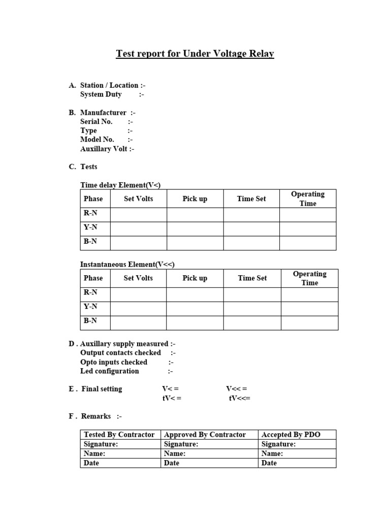 Test Report For Under Voltage Relay | PDF