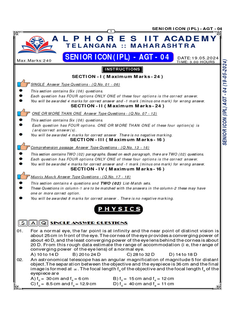 Senior Icon (Ipl) - Agt - 04 - 19-05-2024 - QP | PDF | Electromagnetic Radiation | Optics