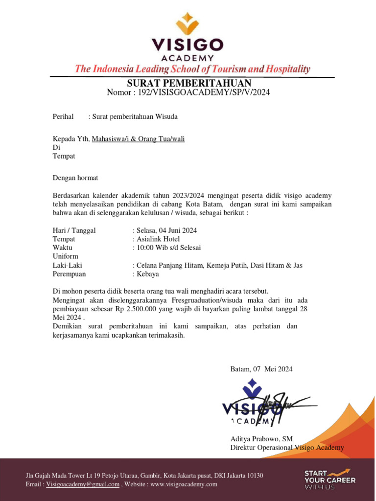 Surat Pemberitahuan Wisuda Visigo Academy Batam | PDF