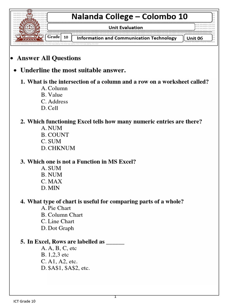Grade 10 - Unit 07 | PDF | Microsoft Excel | Chart